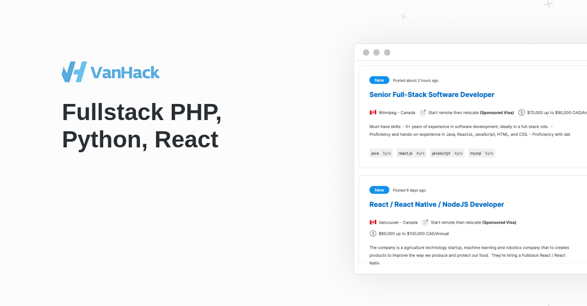 Senior Software Engineer (Growth) - React, TypeScript, Django, Python - VanHack